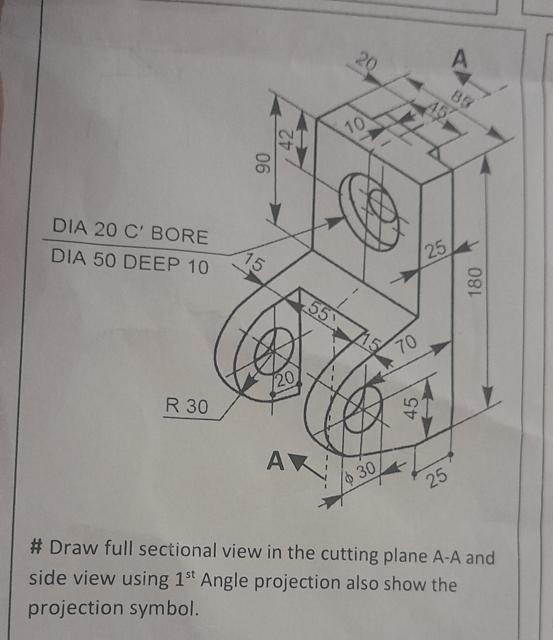 Solved # Draw full sectional view in the cutting plane A-A | Chegg.com