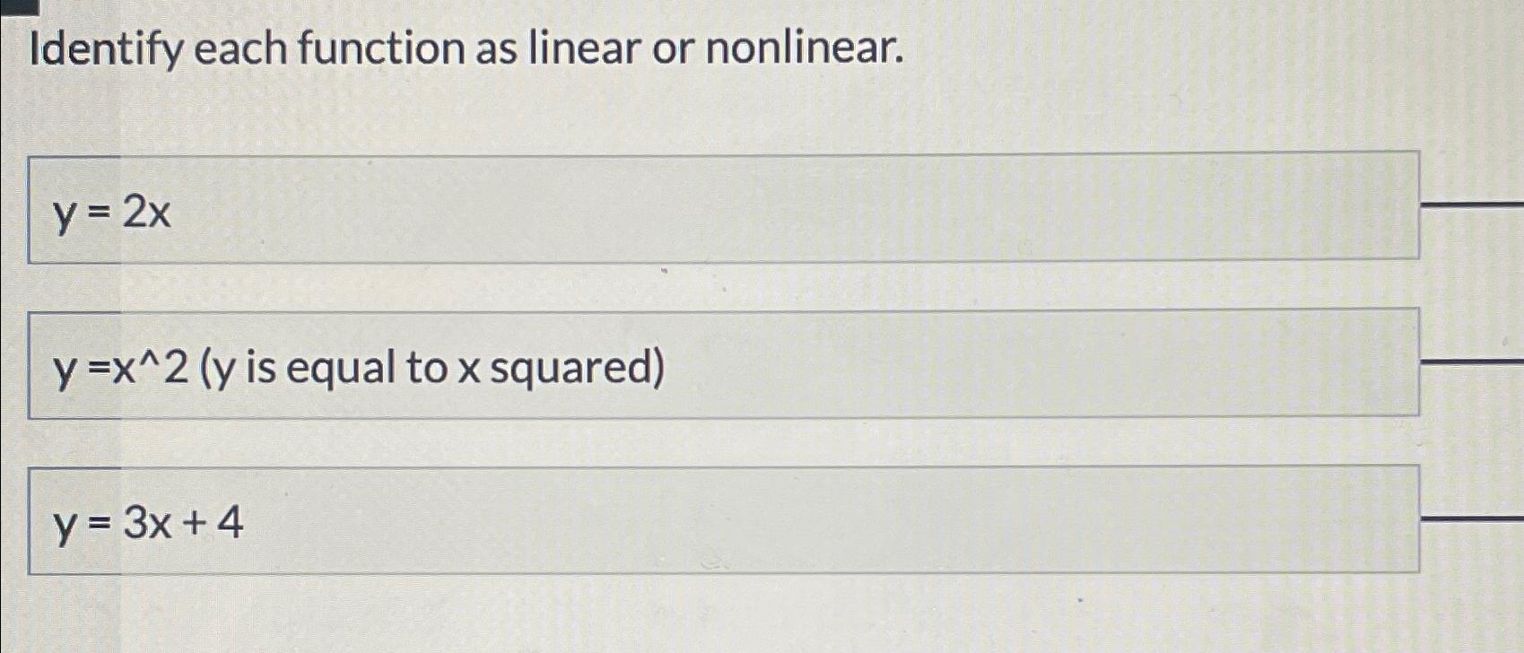 Solved Identify each function as linear or nonlinear.y=2x | Chegg.com