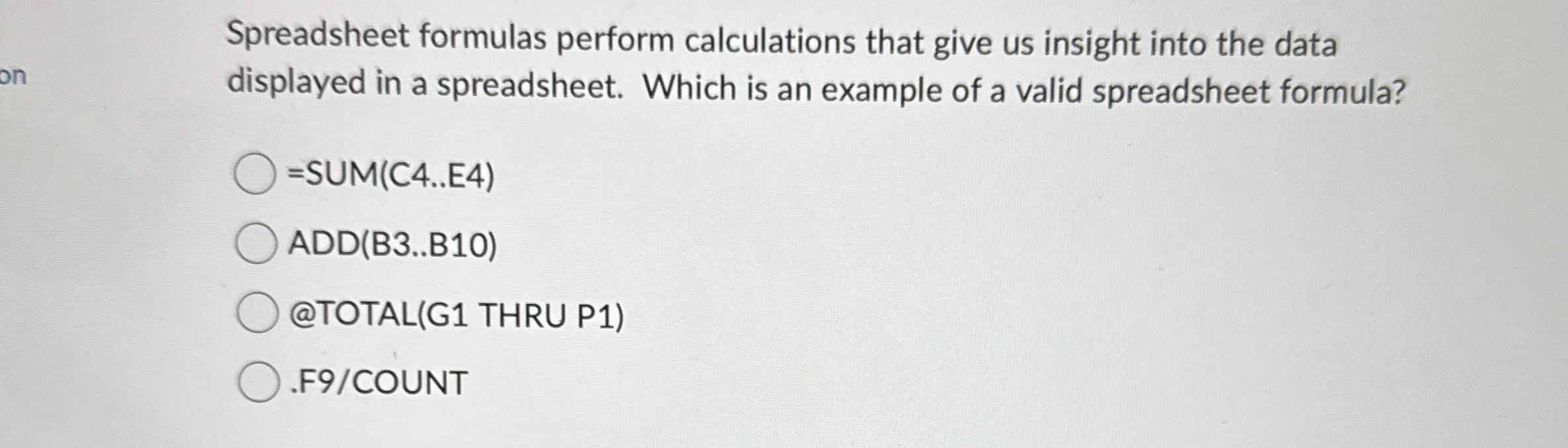Solved Spreadsheet formulas perform calculations that give | Chegg.com