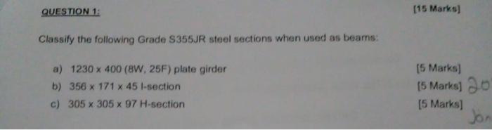 Solved Classify the following Grade S355JR steel sections | Chegg.com