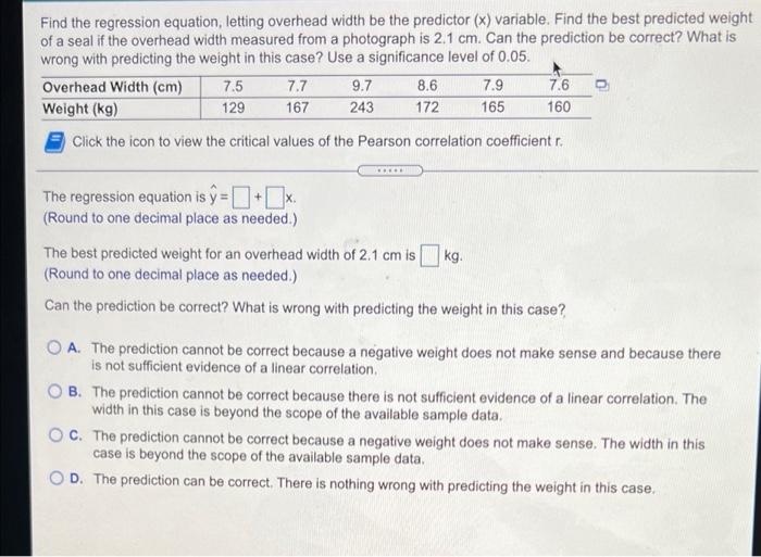 Solved Find the regression equation, letting overhead width | Chegg.com