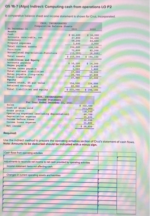 Solved QS 16-7 (Algo) Indirect: Computing cash from | Chegg.com