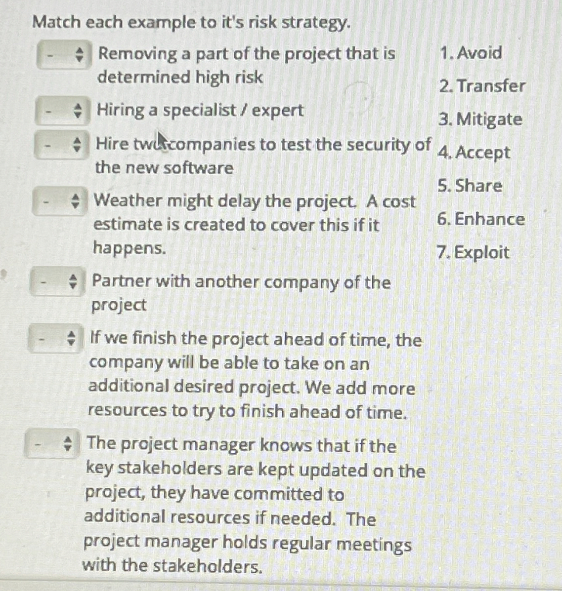 Solved Match each example to it's risk strategy.Removing a | Chegg.com