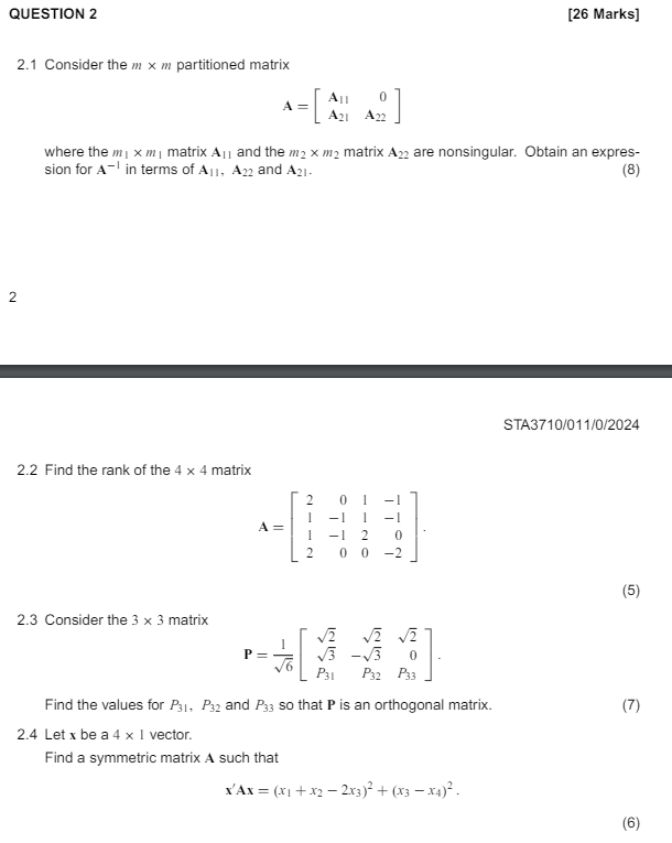 Solved QUESTION 22.1 ﻿Consider the m×m ﻿partitioned | Chegg.com