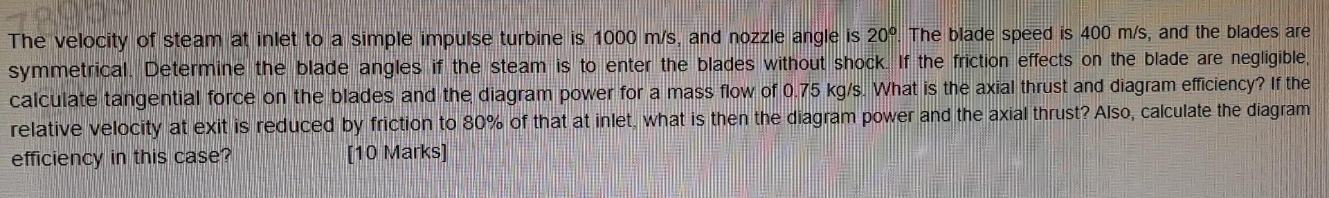 Solved The velocity of steam at inlet to a simple impulse | Chegg.com