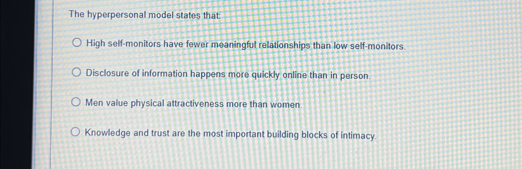 Solved The hyperpersonal model states that.High | Chegg.com