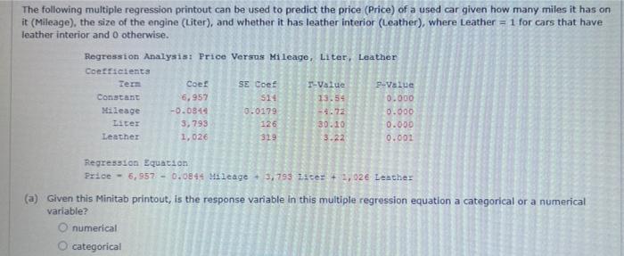 Solved The following multiple regression printout can be | Chegg.com