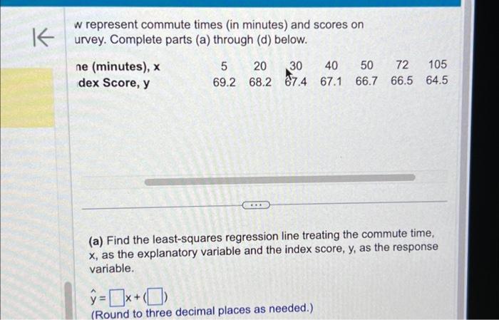 Solved w represent commute times (in minutes) and scores on | Chegg.com