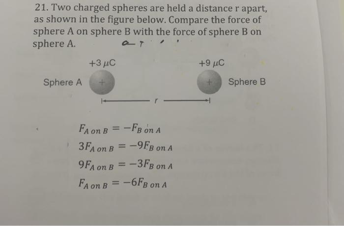 Solved 21. Two charged spheres are held a distance r apart, | Chegg.com