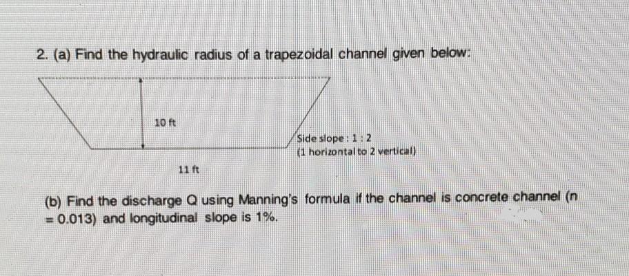 Solved 2. (a) Find the hydraulic radius of a trapezoidal | Chegg.com