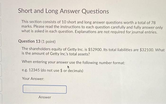 Solved Short and Long Answer Questions This section consists | Chegg.com
