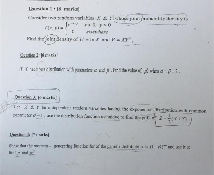 Solved Question 1 : [6 marks] Consider two random variables | Chegg.com