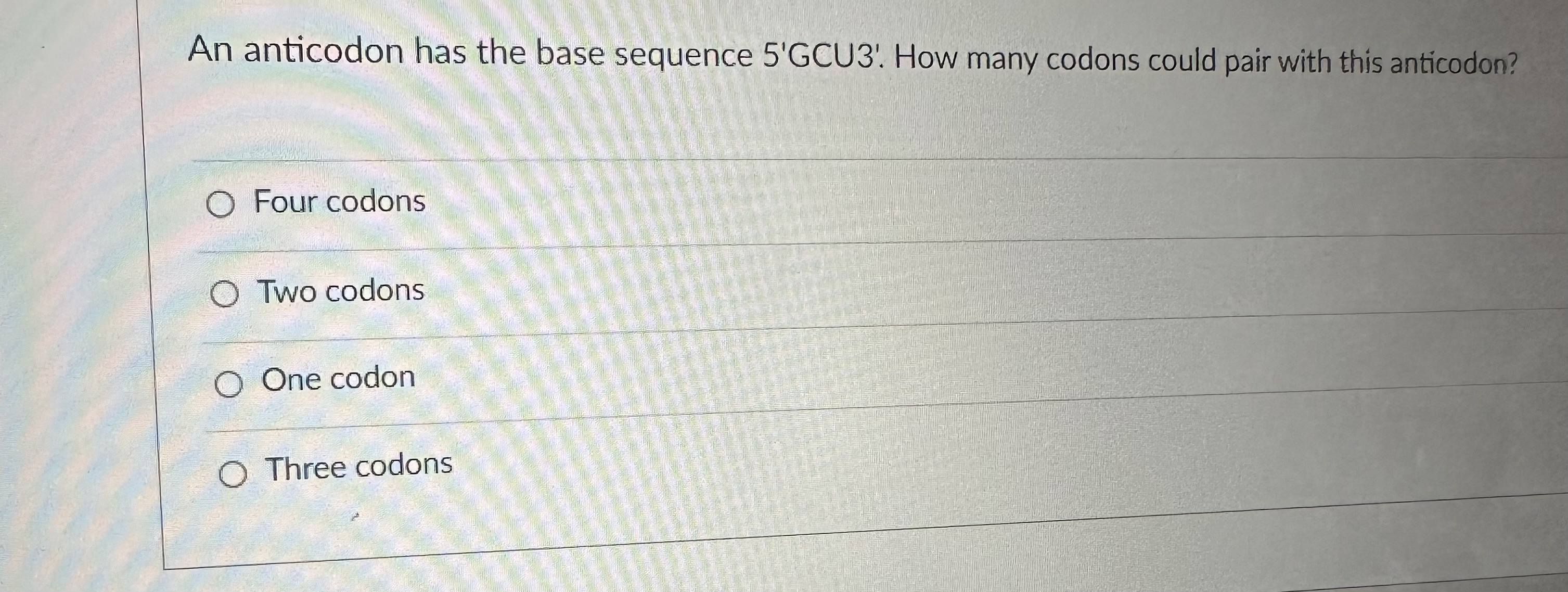 Solved An anticodon has the base sequence 5'GCU3'. ﻿How many | Chegg.com