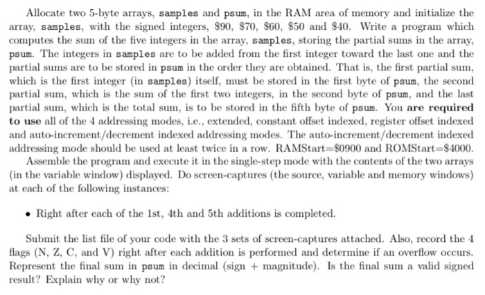 Allocate two 5-byte arrays, samples and psum, in the | Chegg.com