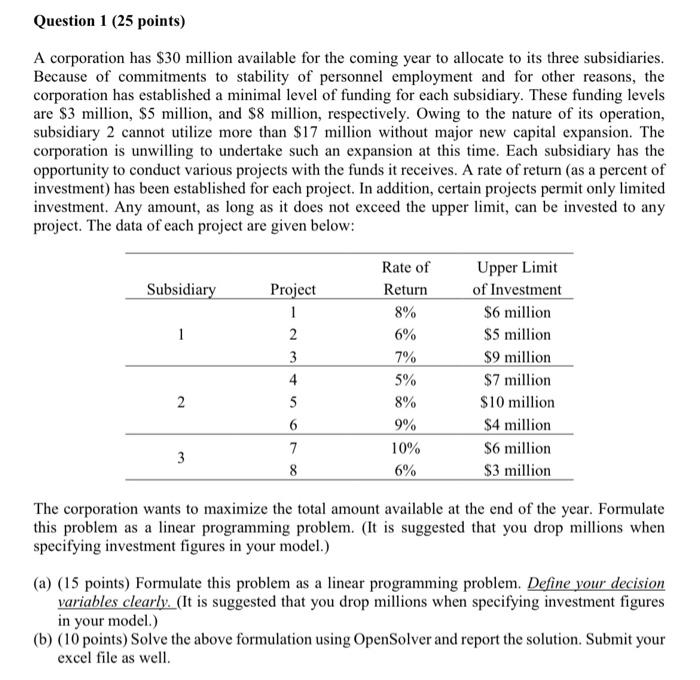 Question 1 (25 points) A corporation has $30 million | Chegg.com