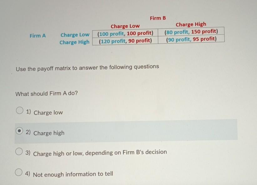 Solved \table[[Firm A,\table[[Charge Low],[Charge | Chegg.com