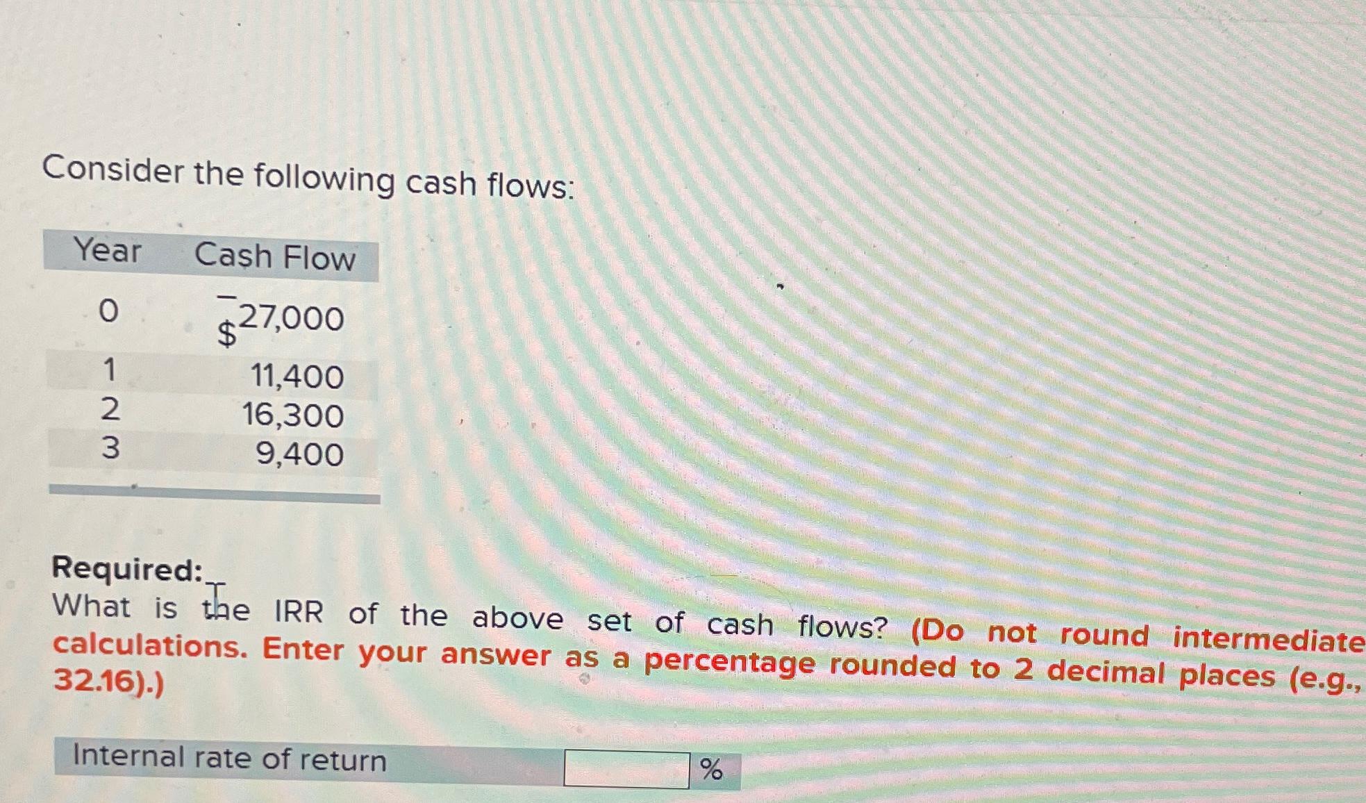 Solved Consider the following cash flows:\table[[Year,Cash | Chegg.com