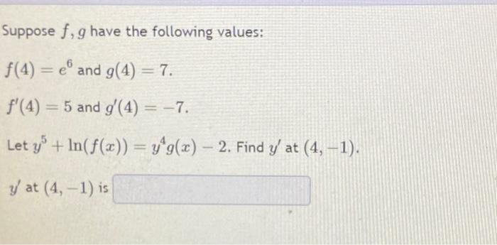 Solved Suppose f,g have the following values: f(4)=e6 and | Chegg.com