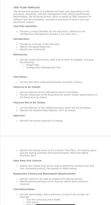 Prepare a Test Plan based on a project from work or | Chegg.com