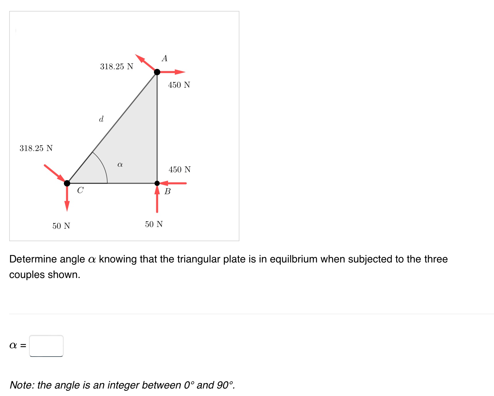 Solved Determine angle α ﻿knowing that the triangular plate | Chegg.com