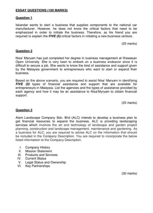 Solved ESSAY QUESTIONS (100 MARKS) Question 1 Iskandar wants | Chegg.com