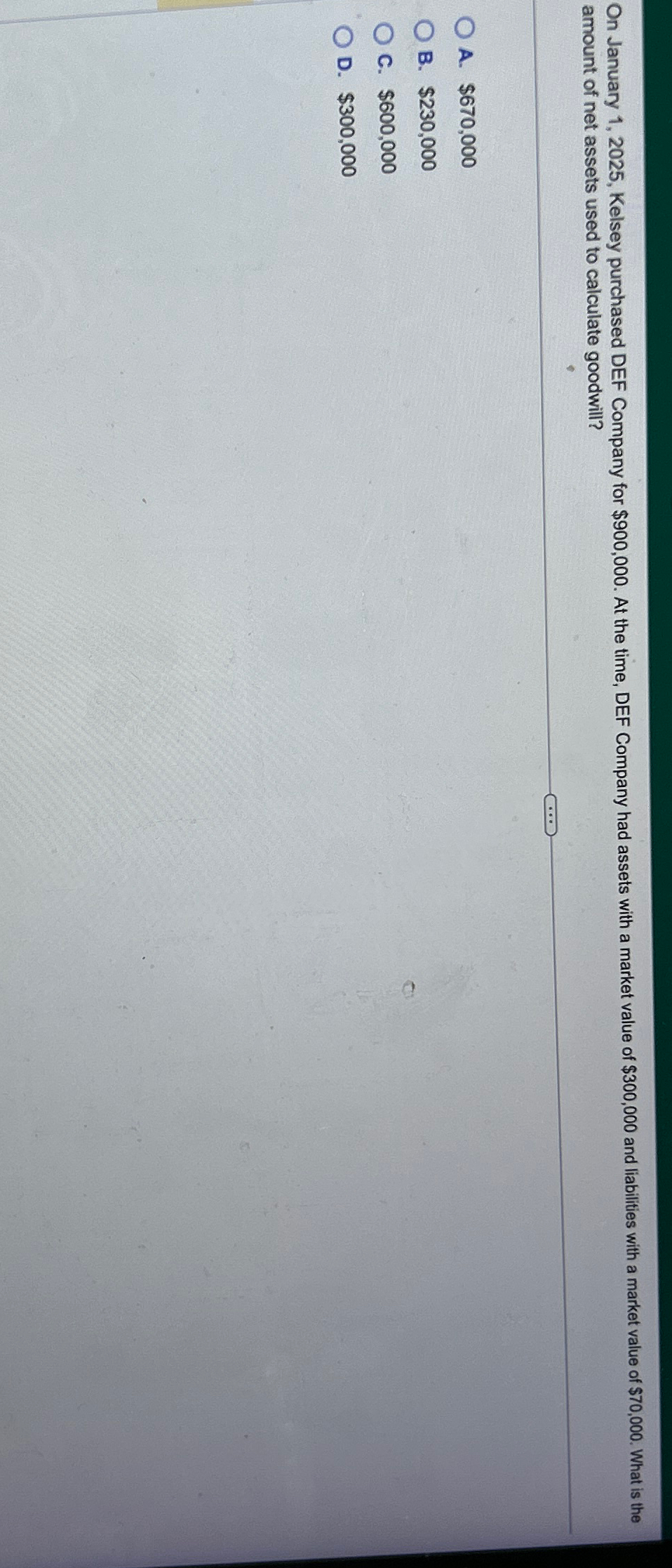 Solved On January 1, 2025, ﻿Kelsey purchased DEF Company for | Chegg.com