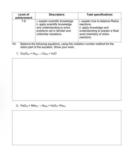 Solved Balance The Following Equations Using The Oxidation