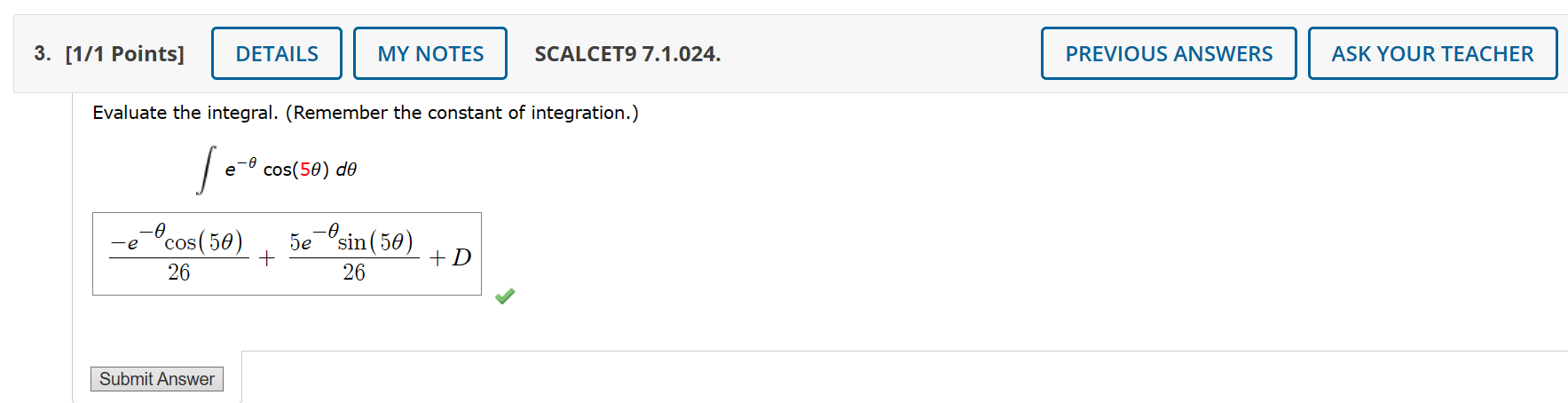 Solved Points]SCALCET9 7.1.024.Evaluate the integral. | Chegg.com