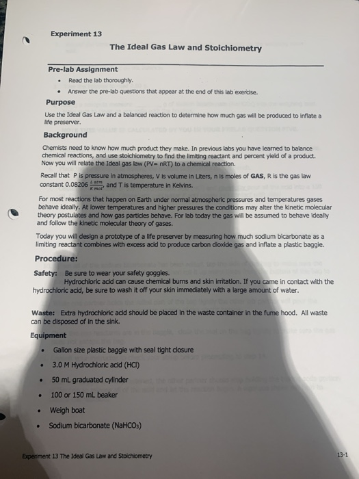 Experiment 13 The Ideal Gas Law and Stoichiometry | Chegg.com