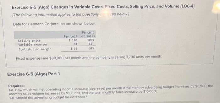 Solved Exercise 6-5 (Algo) Changes in Variable Costs. Fixed | Chegg.com