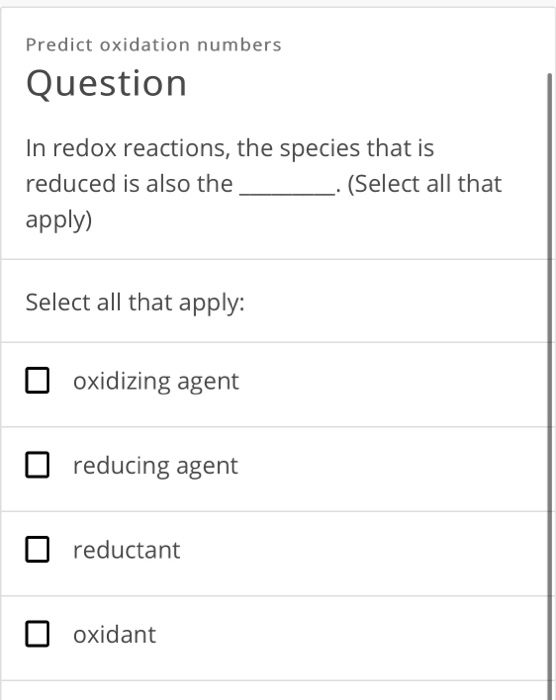 Solved Predict oxidation numbers Question In redox | Chegg.com