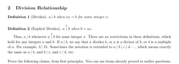 Solved Division Relationship Definition 1 (Divides). a | b | Chegg.com