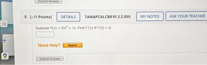Solved Suppose F(x)=f(x2+1). Find F′(1) if f′(2)=6. | Chegg.com