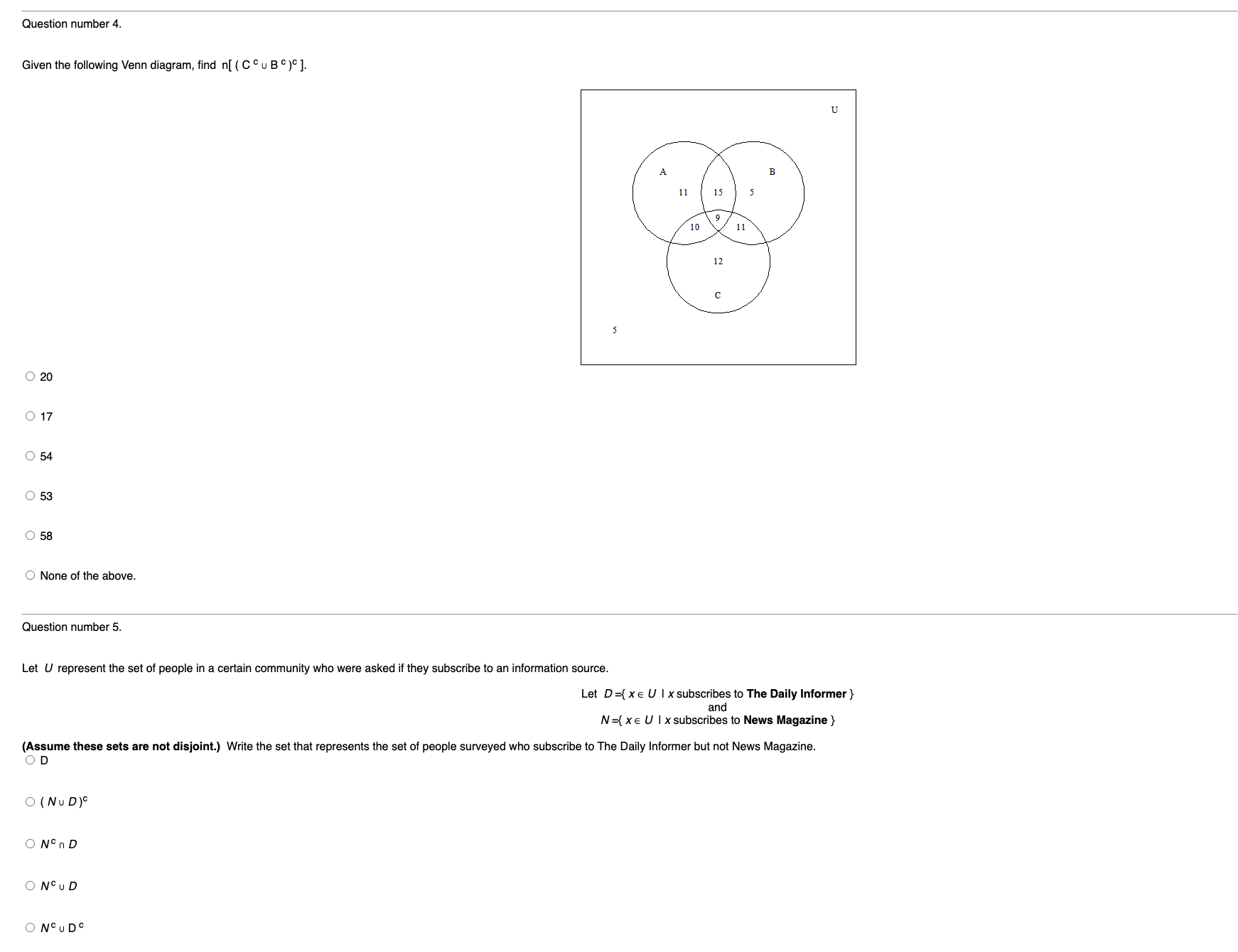 Question number 4.Given the following Venn diagram, | Chegg.com