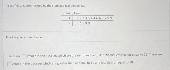Solved A set of data is summarized by the stem and leaf plot | Chegg.com