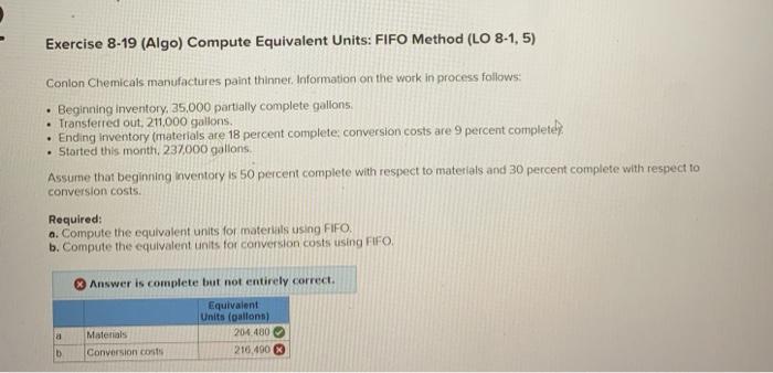 Solved Exercise 8-19 (Algo) Compute Equivalent Units: FIFO | Chegg.com