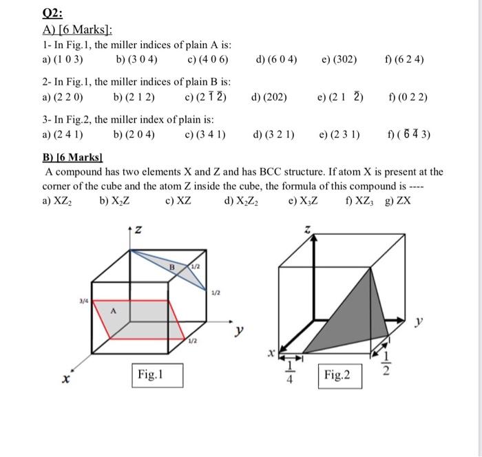 Solved Q2: A) [6 Marks]: 1- In Fig.1, the miller indices of | Chegg.com
