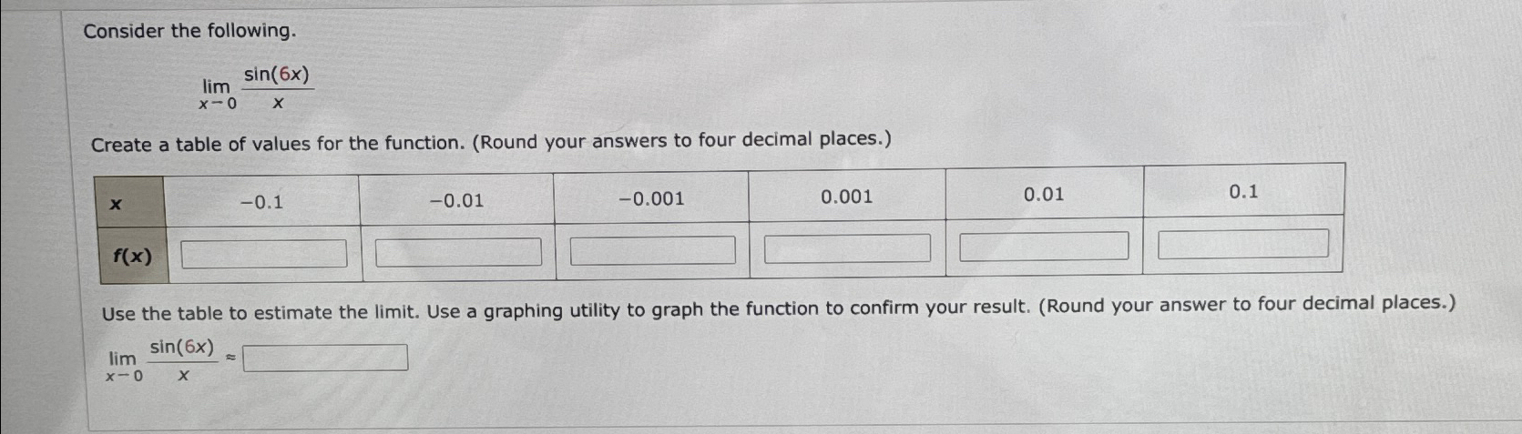 Solved Consider the following.limx→0sin(6x)xCreate a table | Chegg.com