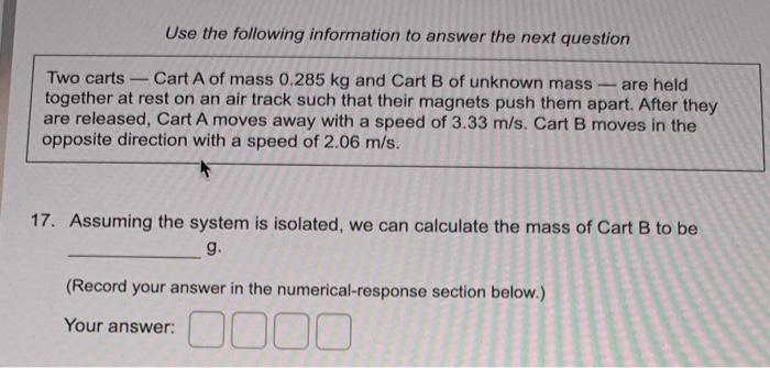 Solved Two carts - Cart A of mass 0.285 kg and Cart B of | Chegg.com