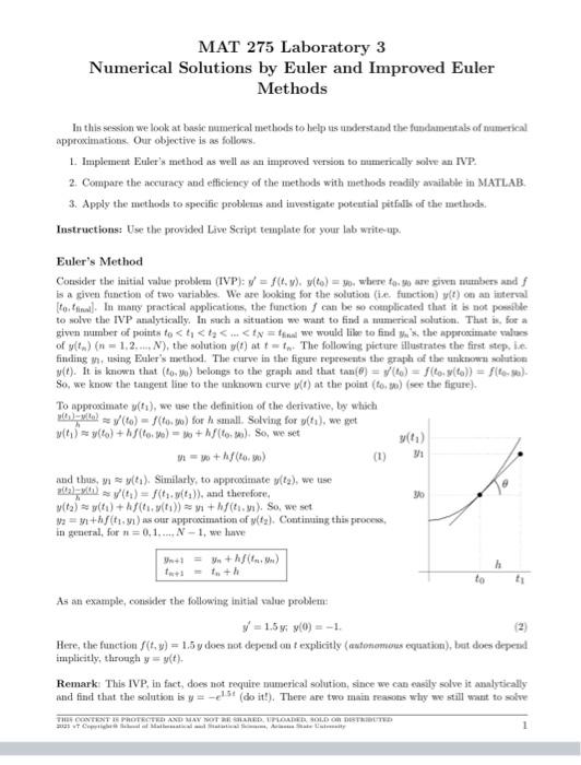 MAT 275 Laboratory 3 Numerical Solutions by Euler and | Chegg.com