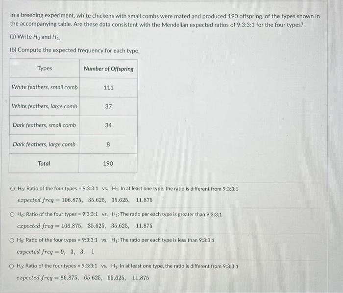 Solved In a breeding experiment, white chickens with small | Chegg.com