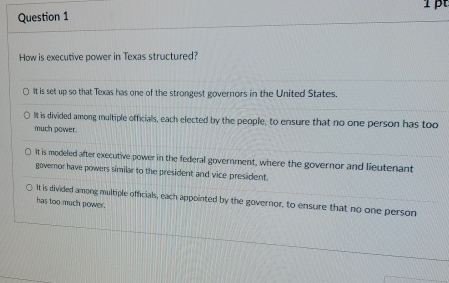 Solved Question 1How is executive power in Texas | Chegg.com
