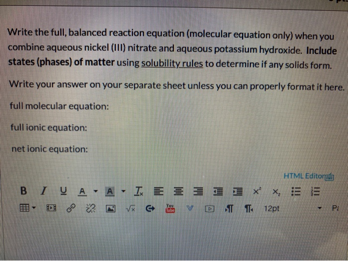Solved Write the full, balanced reaction equation (molecular | Chegg.com