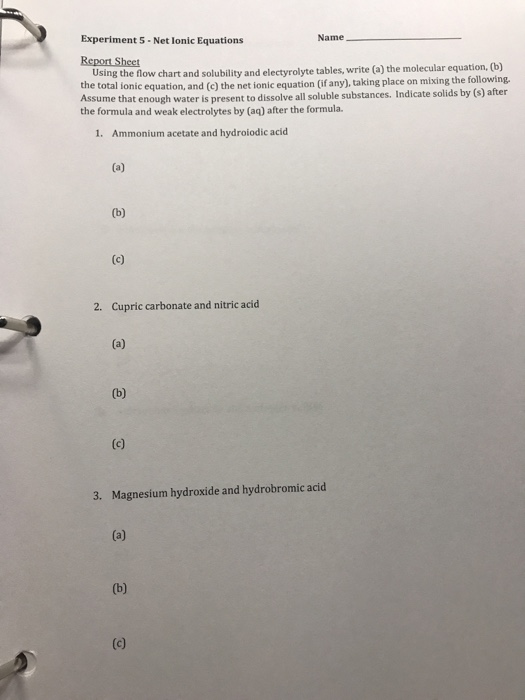 Solved Name Experiment 5. Net lonic Equations Report Sheet | Chegg.com