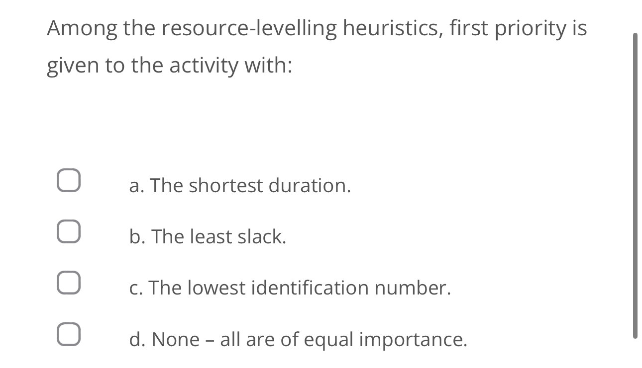 Solved Among the resource-levelling heuristics, first | Chegg.com