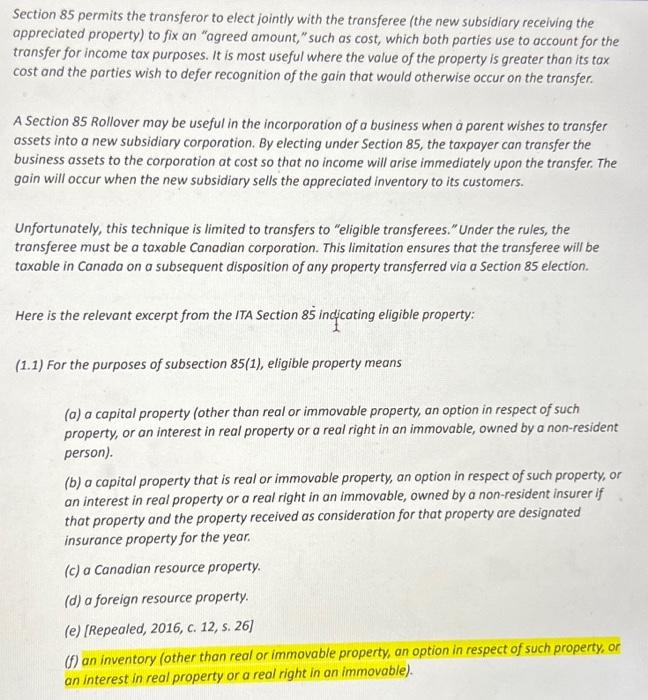 Section 85 permits the transferor to elect jointly | Chegg.com