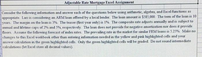 Solved Adjustable Rate Mortgage Excel Assignment Consider | Chegg.com
