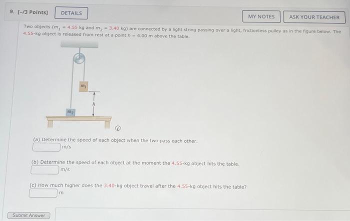 Solved Two objects (m1=4,55 kg and m2=3.40 kg) are connected | Chegg.com