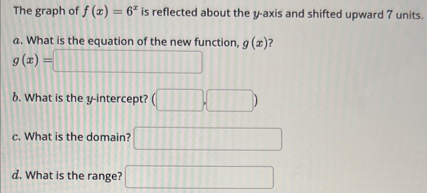 Solved The graph of f(x)=6x ﻿is reflected about the y-axis | Chegg.com