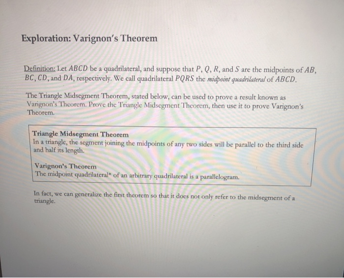 Solved Exploration: Varignon's Theorem Definition: Let ABCD | Chegg.com